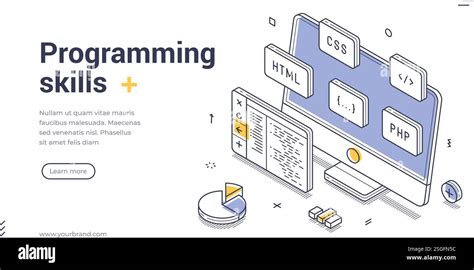 Programming Skills Modern Isometric Line Art Web Banner Template Digital Workspace With A