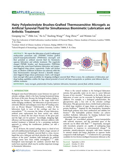 Pdf Hairy Polyelectrolyte Brushes Grafted Thermosensitive Microgels As Artificial Synovial