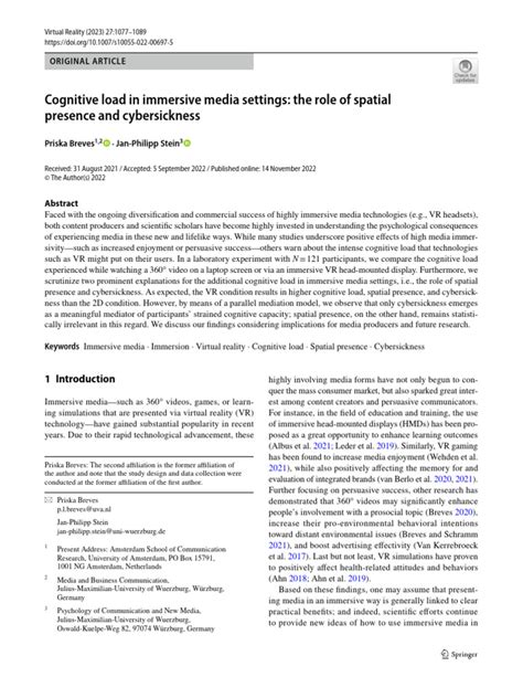 Cognitive Load In Immersive Media Settings The Role Of Spatial Presence And Cybersickness Pdf