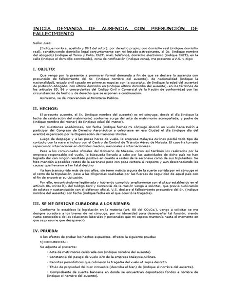 Inicia Demanda De Ausencia Con Presunción De Fallecimiento Demanda