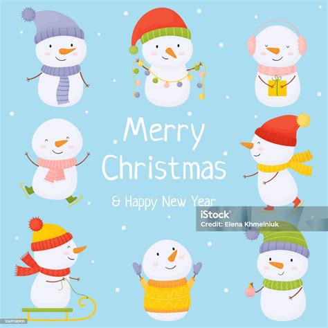 귀여운 크리스마스 눈사람 플랫 벡터 일러스트의 세트 어린이를위한 겨울 야외 활동 밝은 파란색 배경에 다른 의상을 입고 쾌활한 눈사람 만화에 대한 스톡 벡터 아트 및 기타