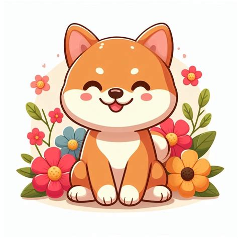 귀여운 시바 이누 개 프 꽃 터 만화 일러스트레이션 프리미엄 벡터