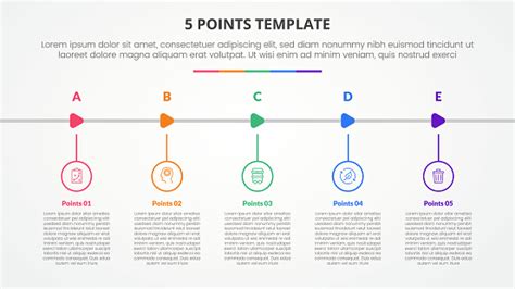 5 포인트 스테이지 템플릿 인포 그래픽 개념 슬라이드 프리젠 테이션 개요 원과 화살표 모양 수평 평면 스타일의 5 포인트 목록