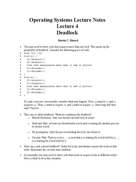 Operating Systems Lecture Notes Deadlock Martin C Rinard Pdf Software Engineering