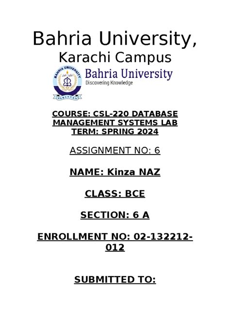 Dbms Lab 06 Dbms Lab6 Bahria University Karachi Campus Course Csl 220 Database Management