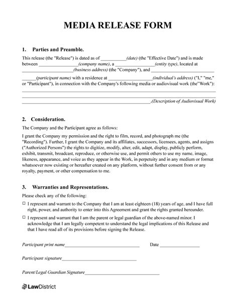 Free Media Release Form PDF Template Sample LawDistrict