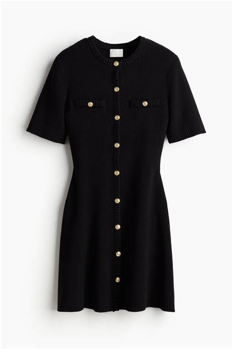 Rib Knit Button Front Dress Black Ladies Handm Us
