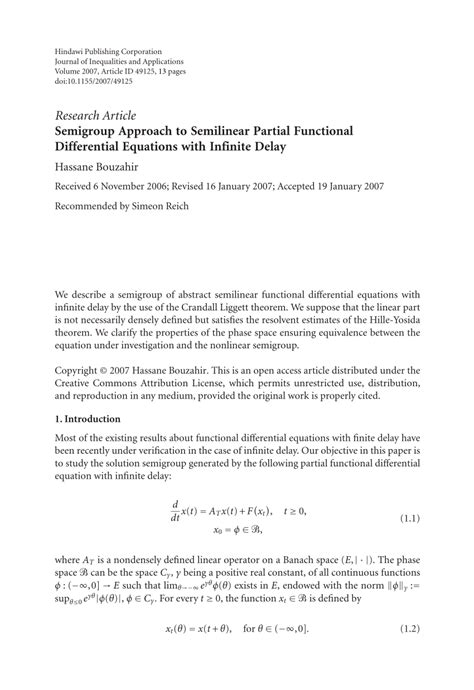 Pdf Semigroup Approach To Semilinear Partial Functional Differential