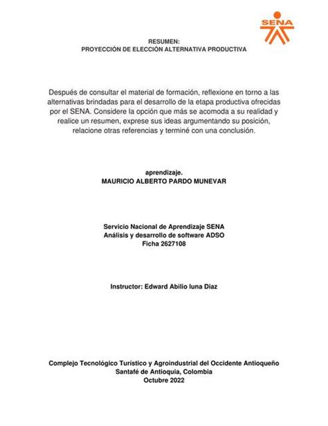 Proyección de elección alternativa productiva Mauricio Alberto Pardo
