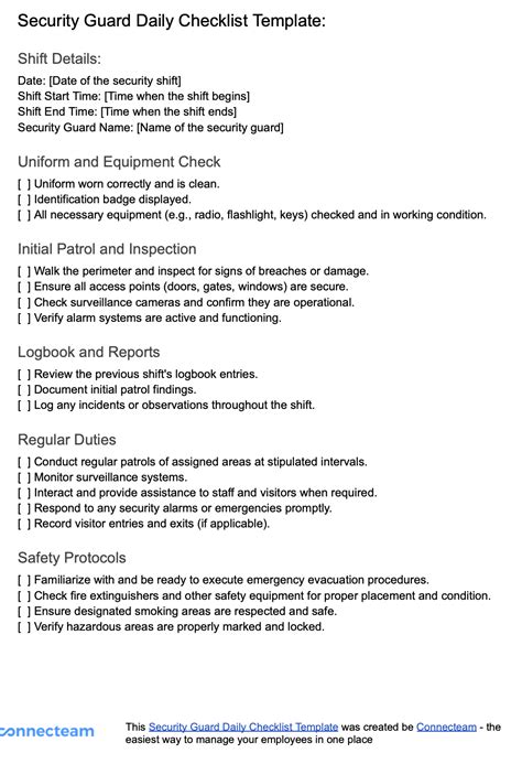 Security Guard Daily Checklist Template Free Pdf Download