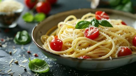 Classic Italian Pasta Dish With Fresh Basil Cherry Tomatoes And A