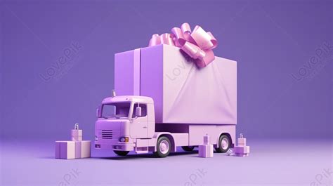 배달 서비스 배경 보라색 배경에 거대한 선물 상자가 있는 3d 렌더링 트럭 배달 서비스 배경 보라색 배경에 거대한 선물
