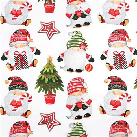 Tissu Coton Popeline Noël Lutins Et Sapins Sur Fond Blanc