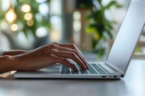 hands typing on a laptop in a cozy workspace surrounded by greenery
