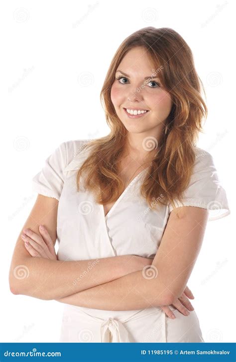 Mujer Joven Sonriente En El Fondo Blanco Imagen De Archivo Imagen De