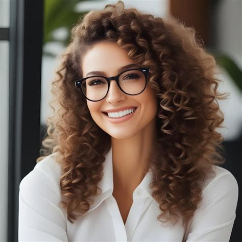 Premium Photo Cheerful Curly Business Girl Wearing Glasses