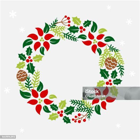 Karangan Bunga Natal Dengan Holly Poinsettia Dan Daun Pinus Ilustrasi