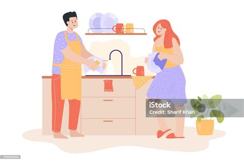 행복한 커플이 함께 설거지를 하는 플랫 벡터 일러스트 레이 션 가계에 대한 스톡 벡터 아트 및 기타 이미지 가계 가구