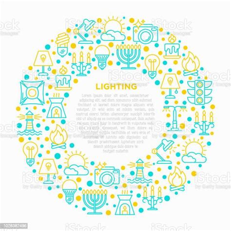 원 선 아이콘에서에서 조명 개념 전구 Led Cfl 촛불 테이블 램프 햇빛 스포트 라이트 플래시 촉 모닥불 Menorah 등 대