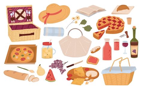 평평한 피크닉 요소 세트 프리미엄 벡터