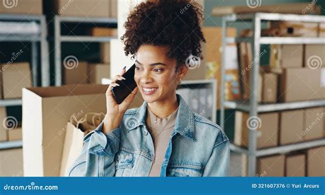 Box Phone Call And Shipping With Woman In Warehouse For Communication