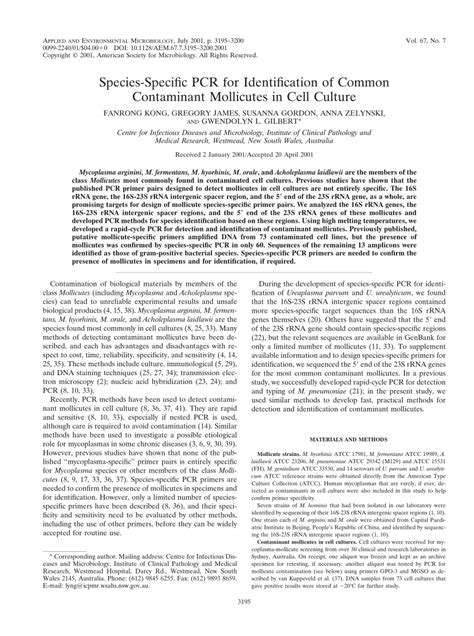 Pdf Species Specific Pcr For Identification Of Common Contaminant Mollicutes In Cell Culture