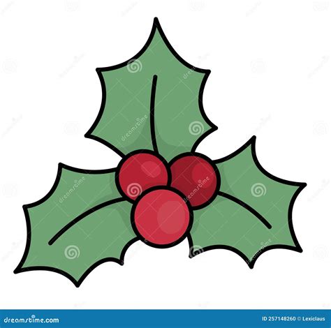 Vector Colored Cartoon Holly Leaves And Berries Cute Christmas Plant