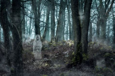 Mujer Fantasma Asustada Con Sangre Y Cara Sucia Parada En El Bosque