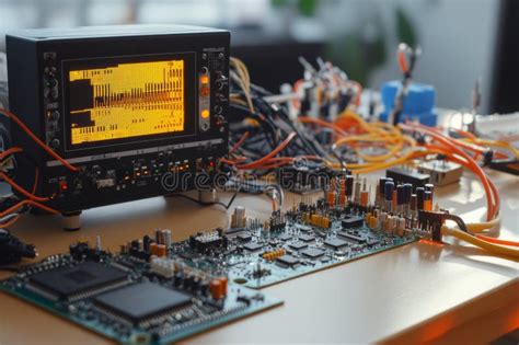 On A Well Organized Workstation An Oscilloscope Displays Waveforms While A Circuit Board Lies