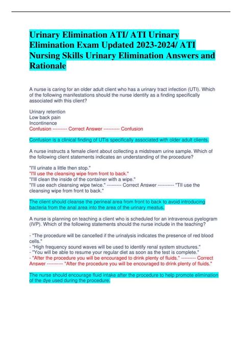 Urinary Elimination Ati Ati Urinary Elimination Exam Updated Ati Nursing Skills Urinary