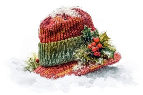Premium Photo Red And Green Knitted Hat With Holly And Snow