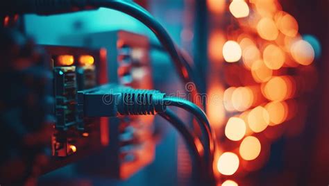 Close Up Shot Of Network Cable Connection With Blurred Led Lights In Data Center Stock