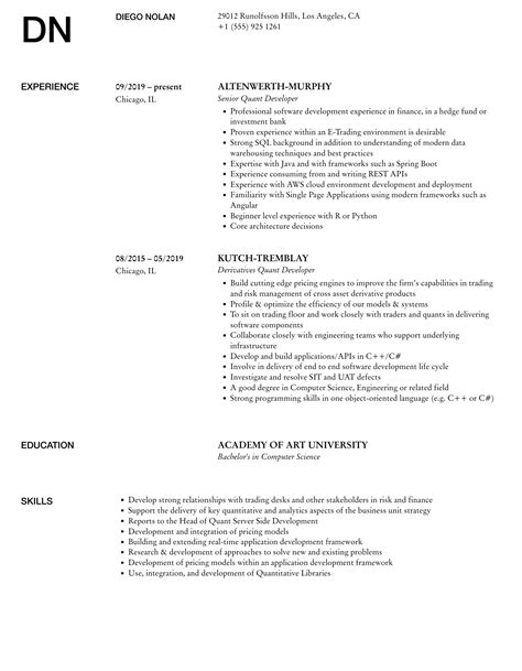 Quant Developer Resume Samples Velvet Jobs