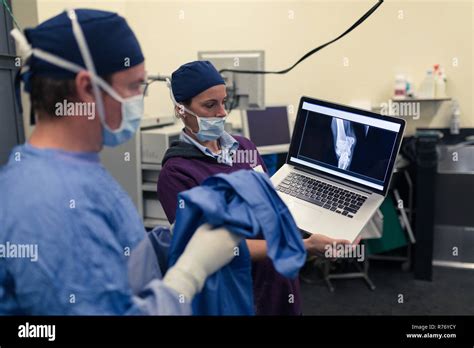 Female Nurse Showing X Ray Report To Male Surgeon On Laptop Stock Photo Alamy