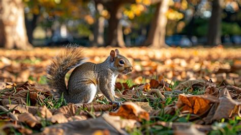 A Squirrel Sits On A Pile Of Fallen Leaves In A Park The Squirrel Is