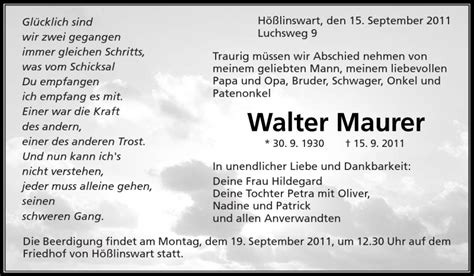 Traueranzeigen Von Walter Maurer Zvw Trauer