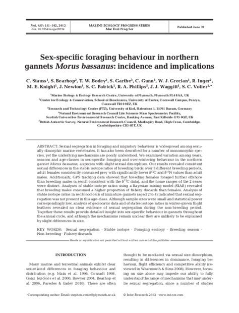 Pdf Sex Specific Foraging Behaviour In Northern Gannets Morus