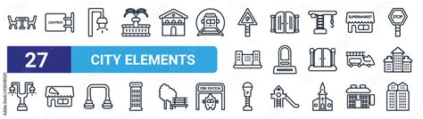 Set Of 27 Thin Line City Elements Icons Such As Chair And Table Lightbox Street Light Gate