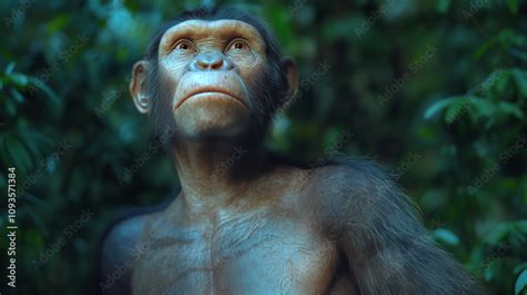 Australopithecus Afarensis Looking Upward In A Dense Prehistoric Forest
