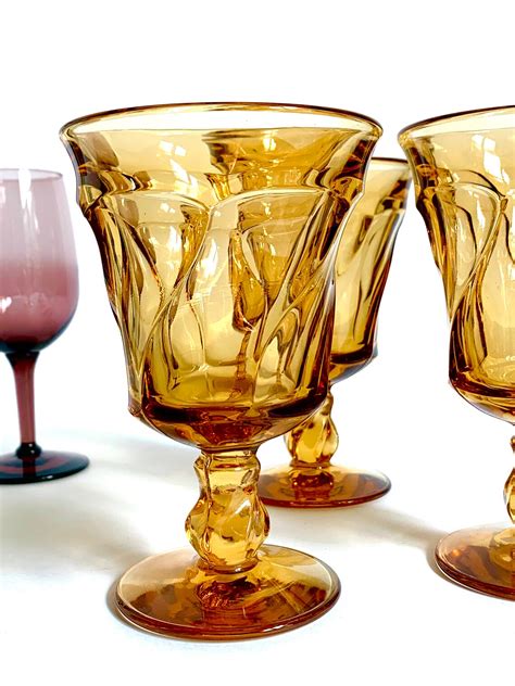 Vintage Amber Glass Goblets Set Of 3 Chunky Golden Goblets Etsy