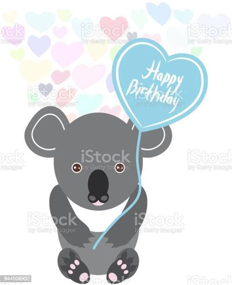 심장 흰색 바탕에 파스텔 색상의 형태로 풍선 생일 카드 회색 귀여운 귀여운 코알라 카드 디자인입니다 벡터 개념에 대한 스톡 벡터 아트 및 기타 이미지 Istock