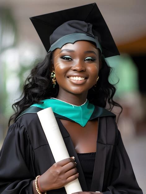 A Woman Wearing A Graduation Cap And Gown With A Green Tassel Premium