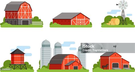 농업 건물 컬렉션 시골 생활 및 산업 개체 농장 헛간 사일로 타워 벡터 일러스트 농가에 대한 스톡 벡터 아트 및 기타 이미지 농가 사일로 헛간 Istock