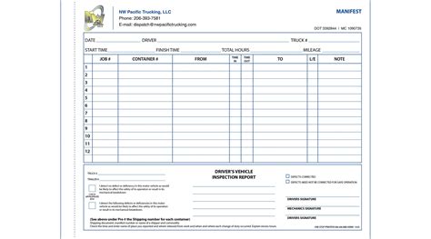 custom container truck manifest and vehicle inspection report