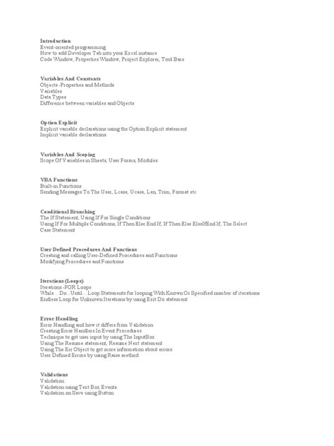Vba Syllabus Pdf Microsoft Excel Control Flow