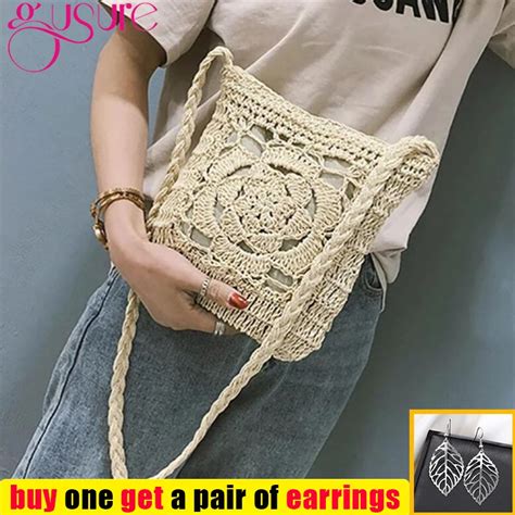 Gusure 여성용 보헤미안 우븐 할로우 아웃 비치 백 크로셰 프린지 밀짚 수제 가방 뜨개질 직조 보호 여름 가방숄더 백 Aliexpress