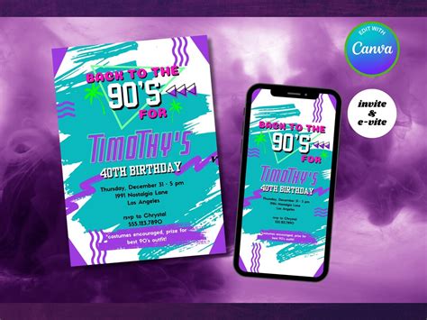 Retro 90s Theme Invitation 40th Birthday Invitation Costume Birthday