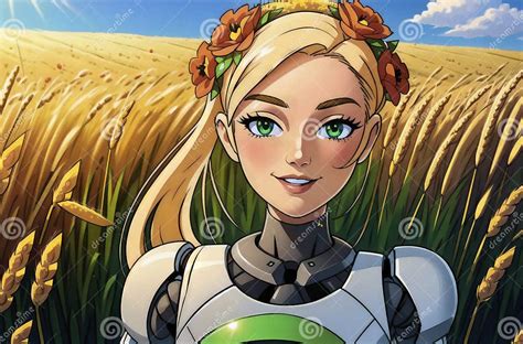 Portrait Of A Beautiful Android Girl In A Wreath Of Flowers In A Wheat