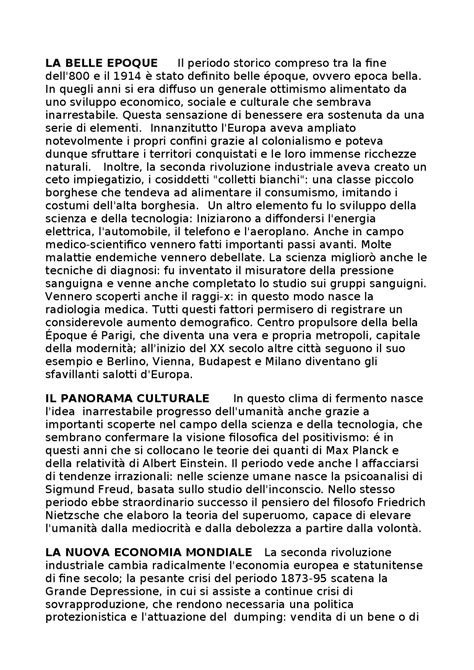 Riassunto Di Storia Sulla Belle Epoque Appunti Di Storia Docsity