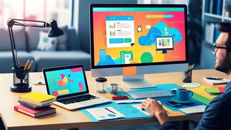 Modern Creative Workspace With Dual Screens And Colorful Graphics